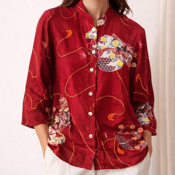 Citron | Tops | Citron Santa Monica Red Silk Asian Print Button Blouse ...